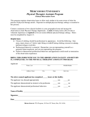Fillable Online PTA Clinical Observation Form - Erie Fax Email Print - pdfFiller