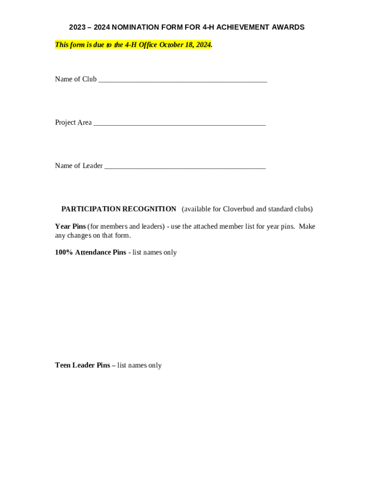 4-H JUNIOR ACHIEVEMENT AWARD NOMINATION Doc Template | pdfFiller