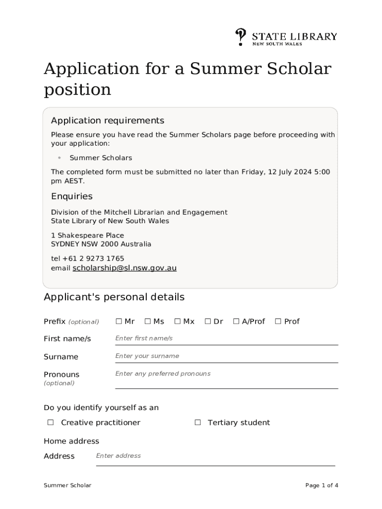 Application for a Summer Scholar position. Summer Scholar Doc Template | pdfFiller