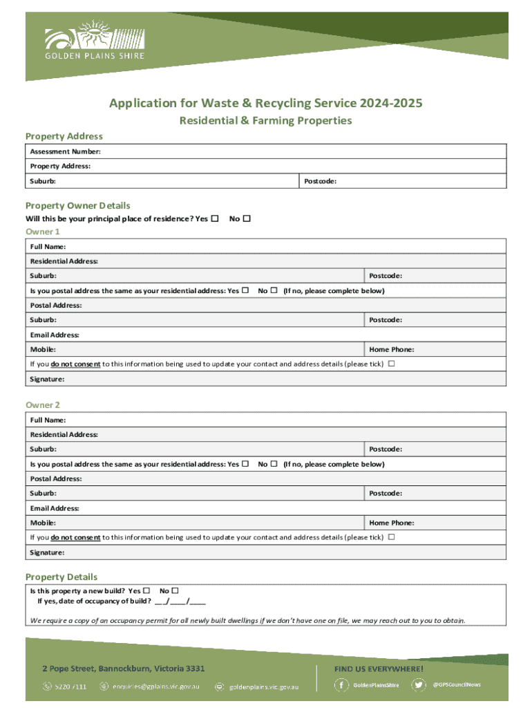 Fillable Online Application for Waste & Recycling Service 2024-2025 Fax ...