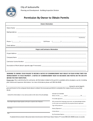 Fillable Online Permission By Owner to Obtain Permits Fax Email Print ...
