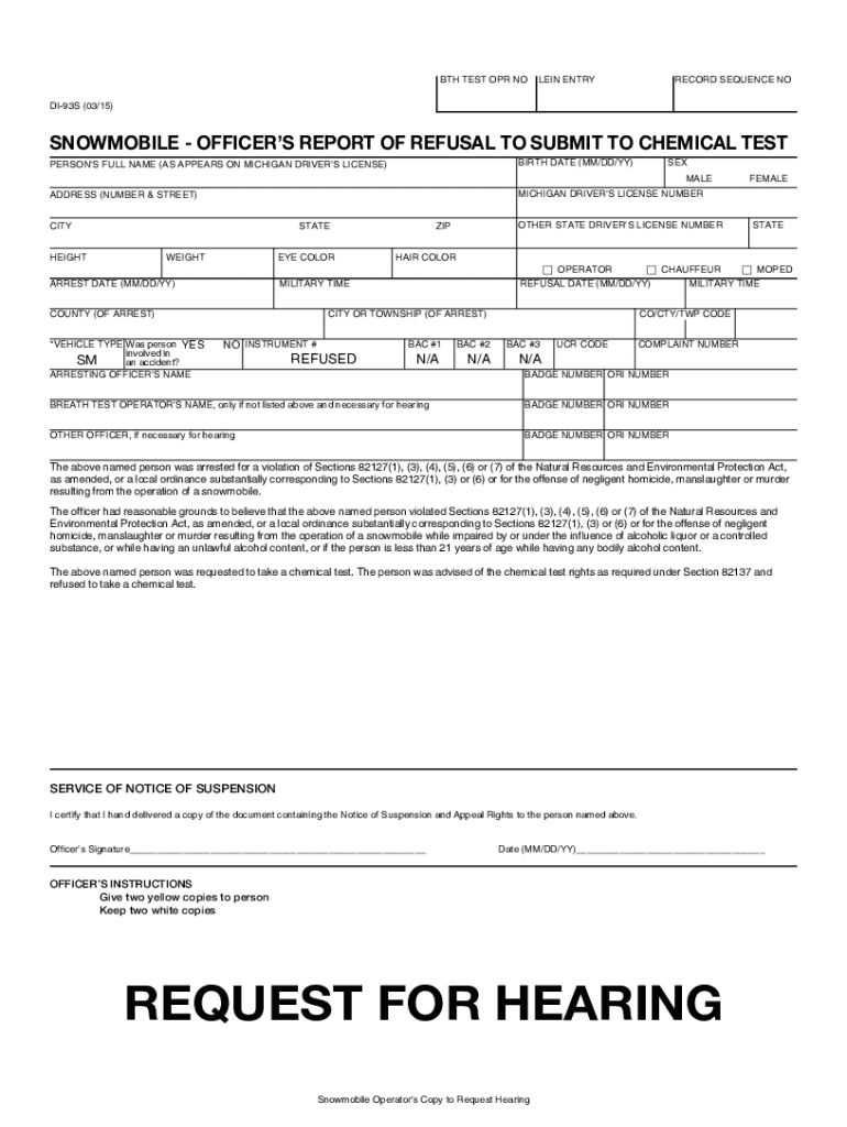 Fillable Online Implied Consent (Chemical Test Refusal) in Michigan DUI ...