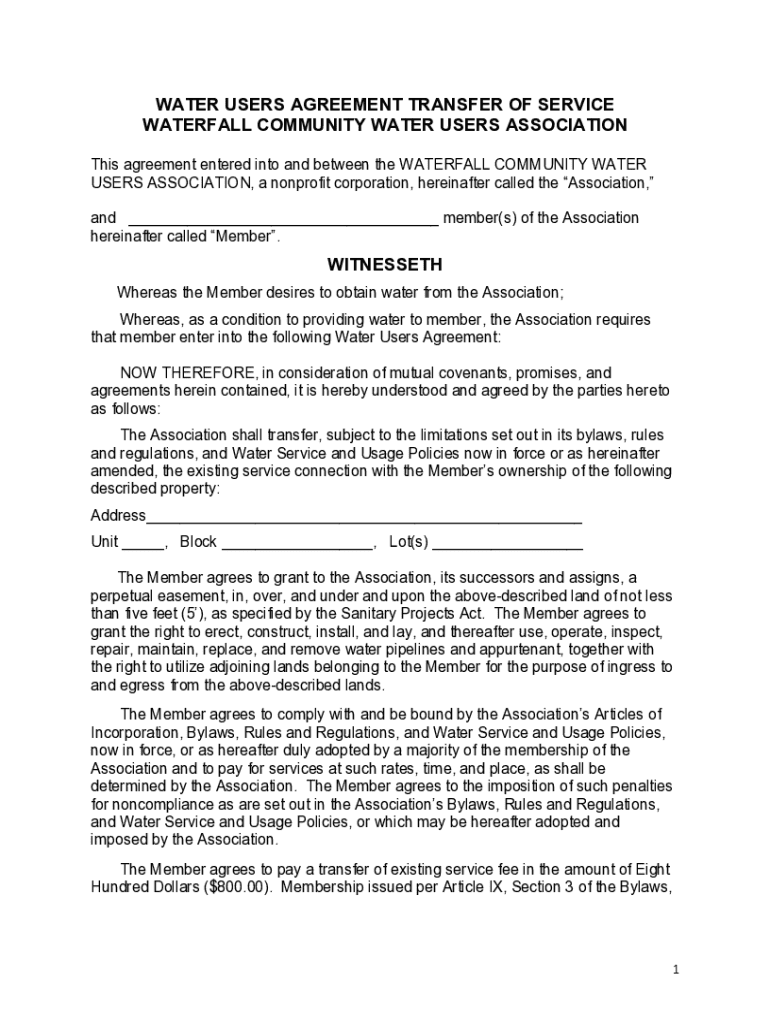 Fillable Online WATER USERS AGREEMENT TRANSFER OF SERVICE ... Fax Email Print - pdfFiller
