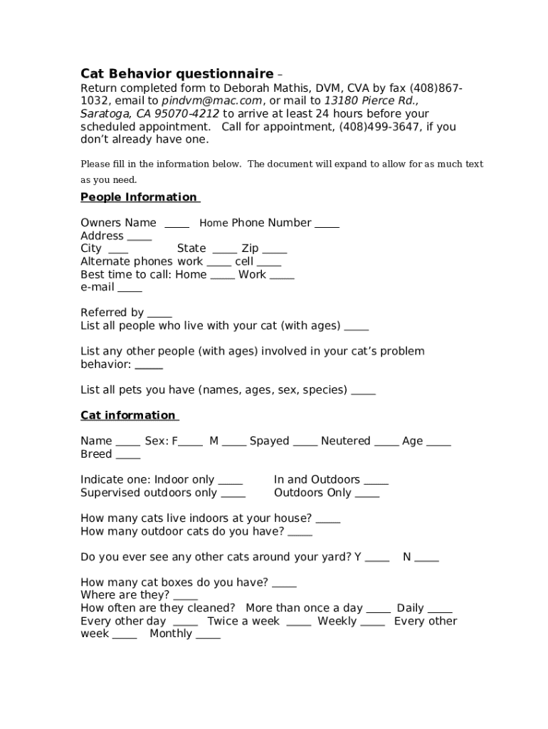 Feline Behavior Questionnaire - Doc Template | pdfFiller