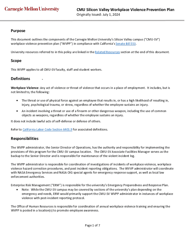 Fillable Online CMU Silicon Valley Workplace Violence Prevention Plan ...