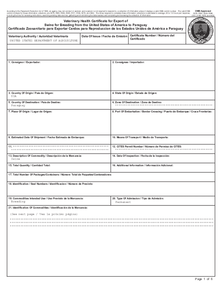 Fillable Online Veterinary Health Certificate for Export of Swine for ...
