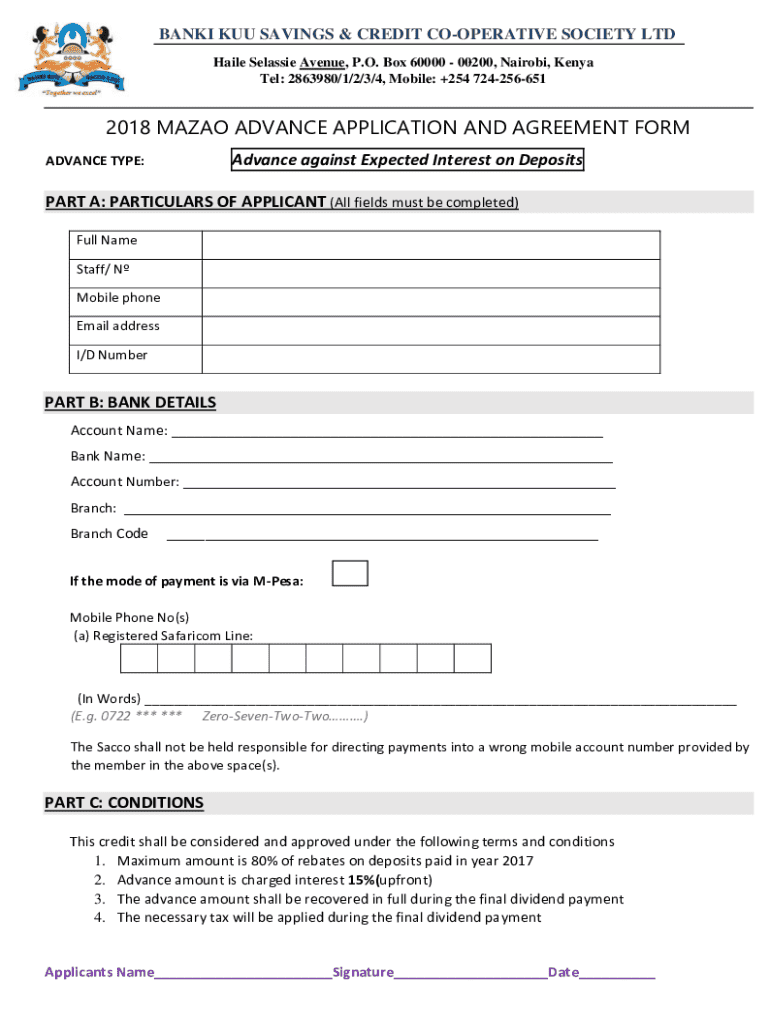 Fillable Online 2018 MAZAO ADVANCE APPLICATION AND AGREEMENT ... Fax ...