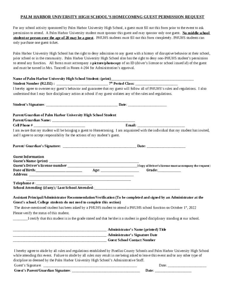 HOMECOMING GUEST PERMISSION REQUEST Palm ... Doc Template | pdfFiller