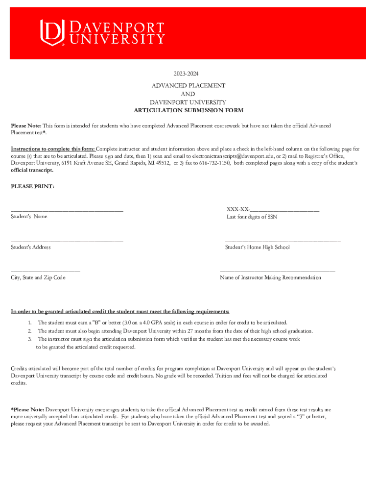 Fillable Online advanced placement and davenport university articulation ... Fax Email Print ...