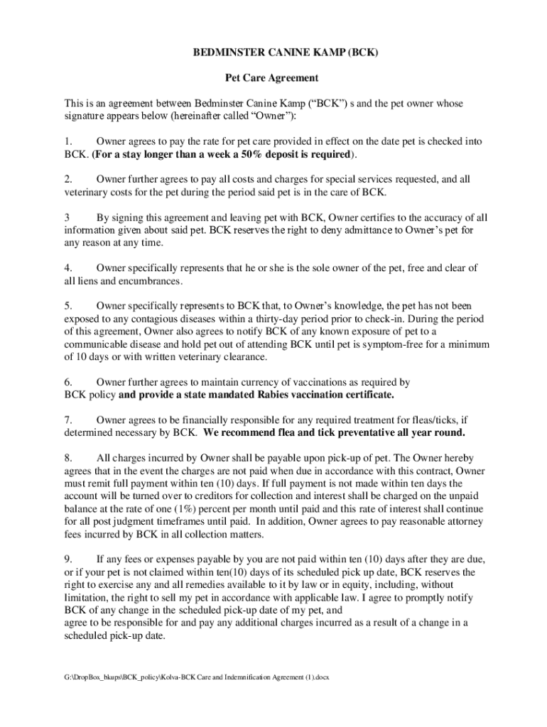 Fillable Online BEDMINSTER CANINE KAMP (BCK) Pet Care Agreement This is an ... Fax Email Print ...
