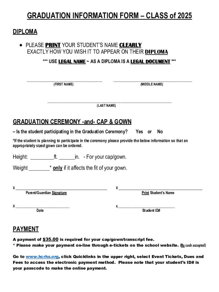 Fillable Online GRADUATION INFORMATION FORMCLASS of 2025 Fax Email ...