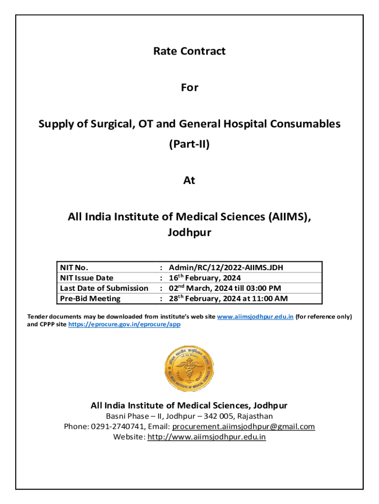 Fillable Online RATE CONTRACT FOR PROCUREMENT OF ... Fax Email Print - pdfFiller