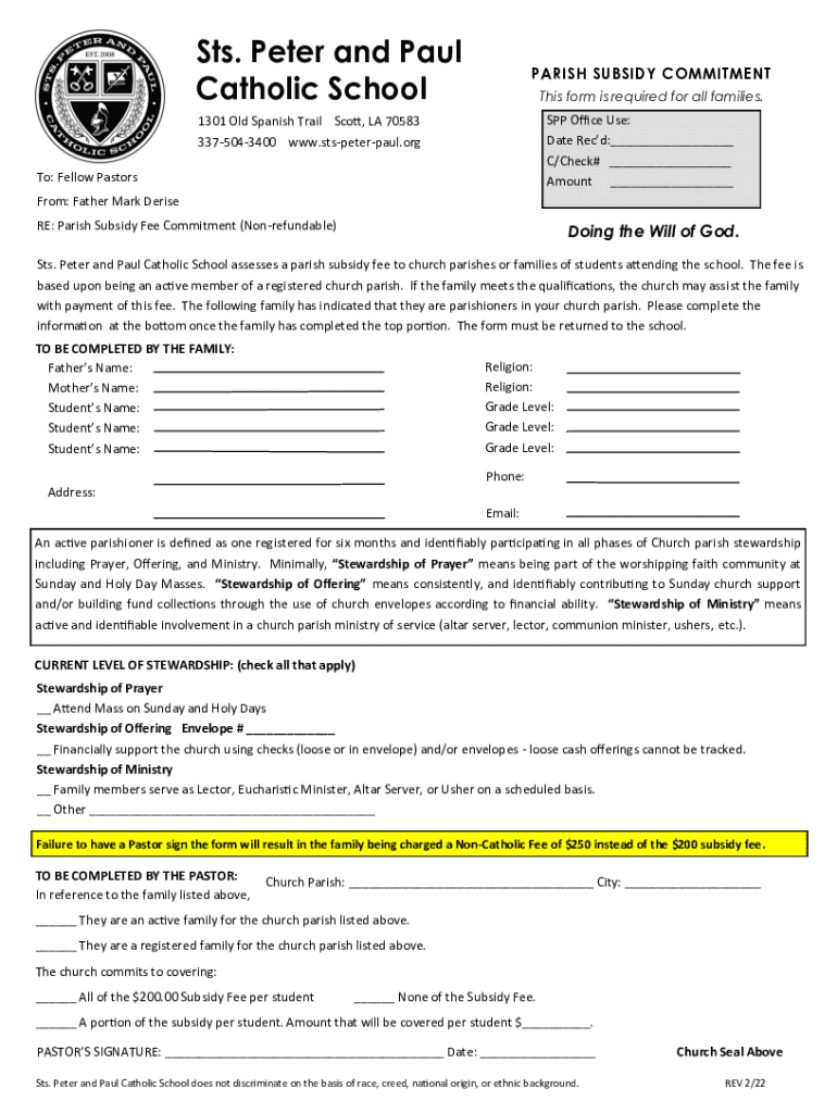 Fillable Online Sts. Peter and Paul Catholic Church - Scott, LA Fax ...