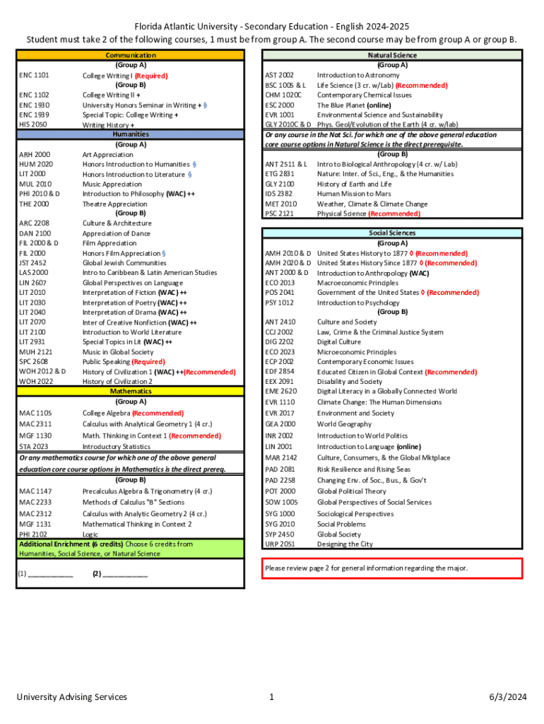 Fillable Online General Education Core 2024-2025 Student must take ... Fax Email Print - pdfFiller