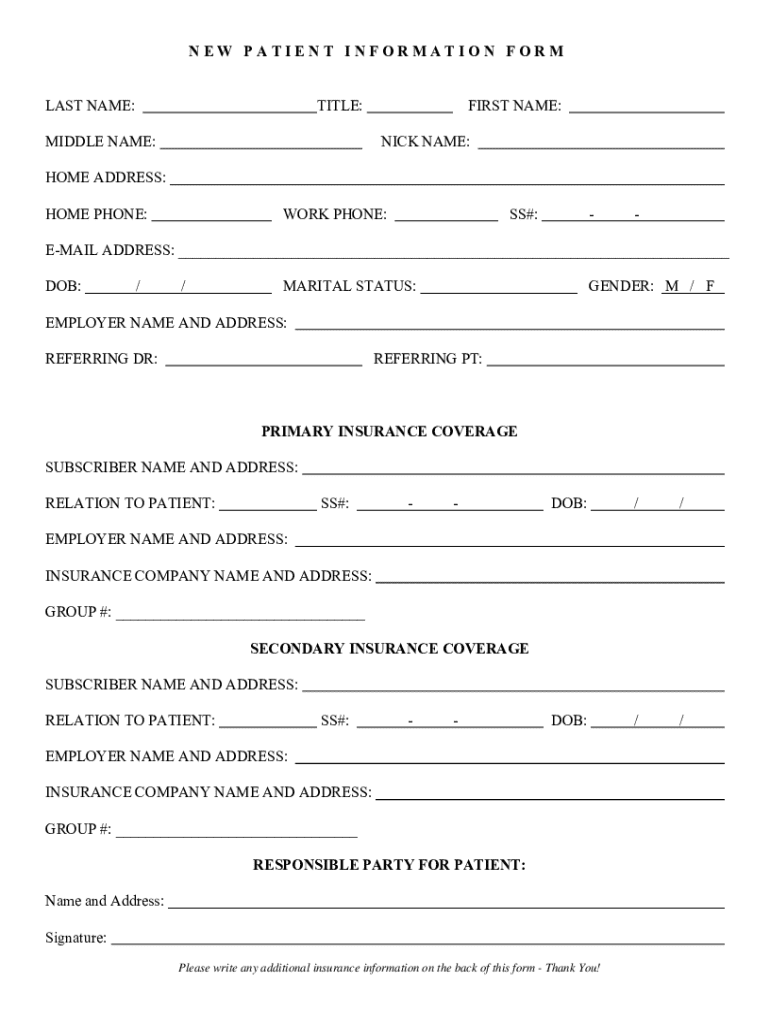 Fillable Online NEW PATIENT INFORMATION RECORD (PLEASE PRINT ... Fax ...