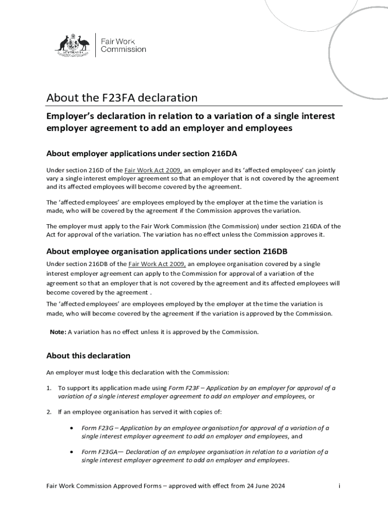 Fillable Online Form F23FAEmployers declaration in relation toa variation of a single interest ...