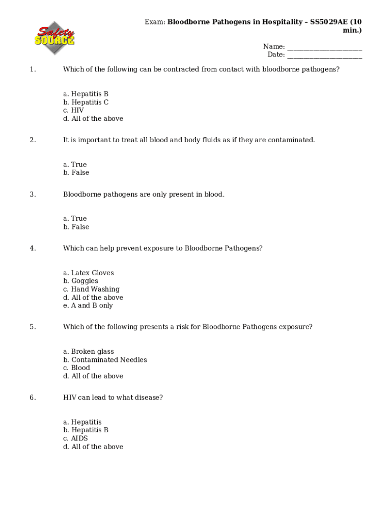 Fillable Online Exam: Bloodborne Pathogens in Hospitality SS5029AE (10 ...
