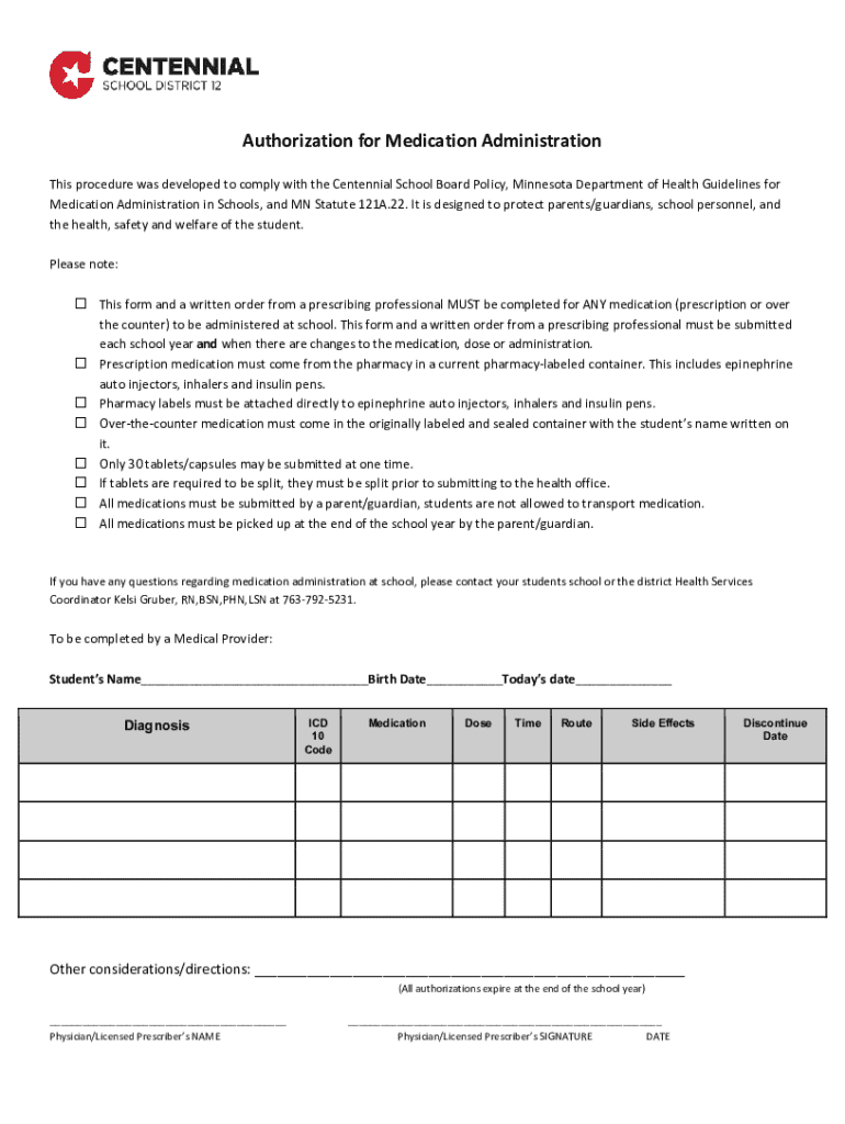 Fillable Online Authorization for Self-Carry/Administration of ...