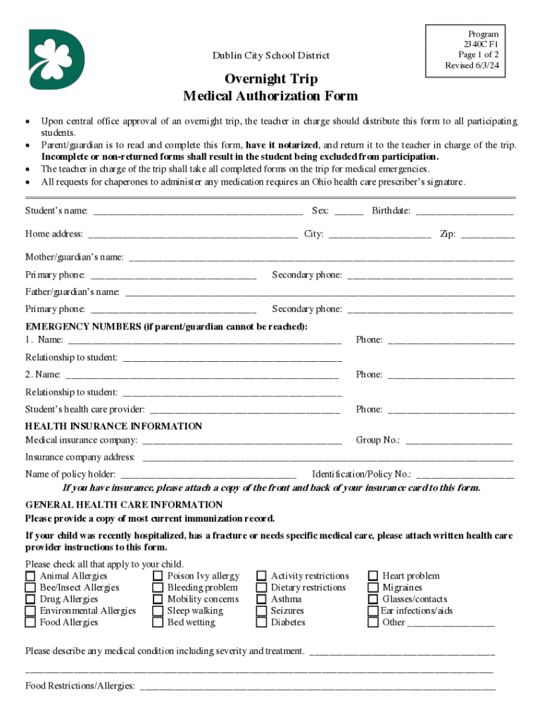 Fillable Online 2340C F1 Overnight Trip Medical Authorization Form Fax Email Print - pdfFiller