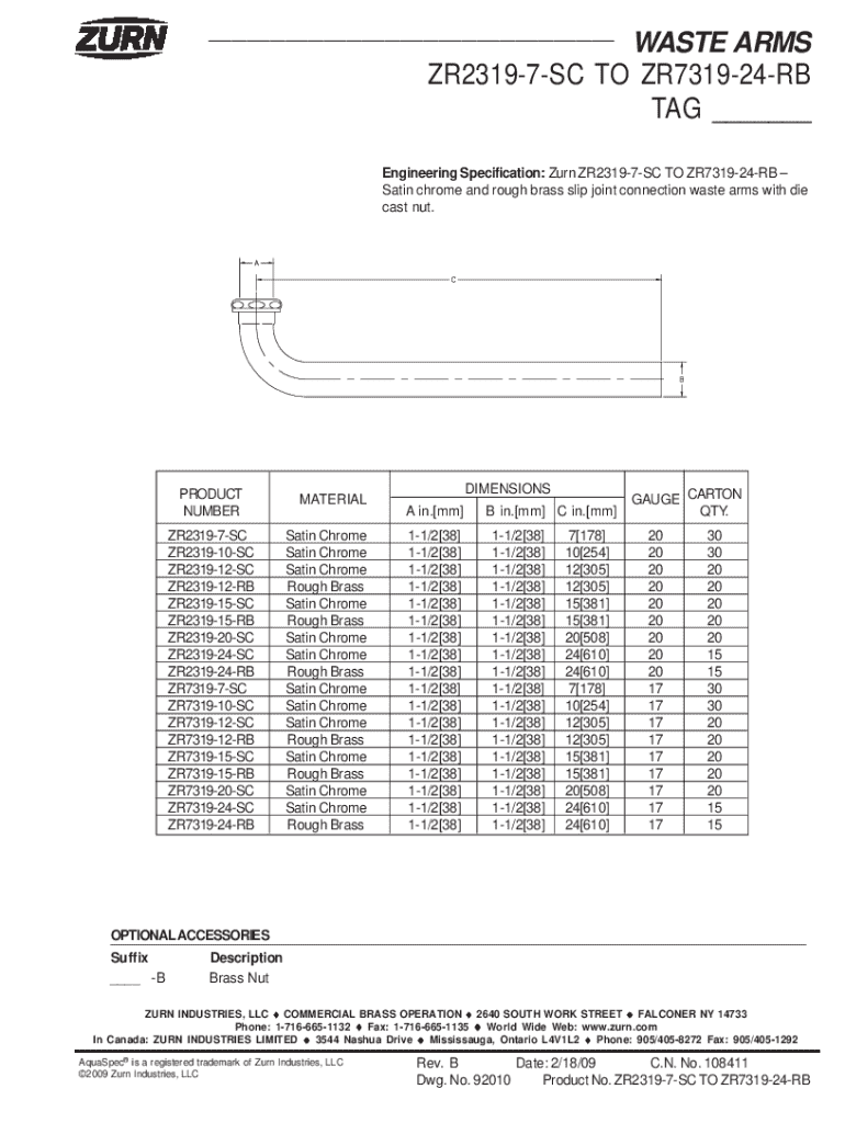 Fillable Online Zurn 7 in. 20 ga Slip-Joint Waste Arm in Satin Chrome ...