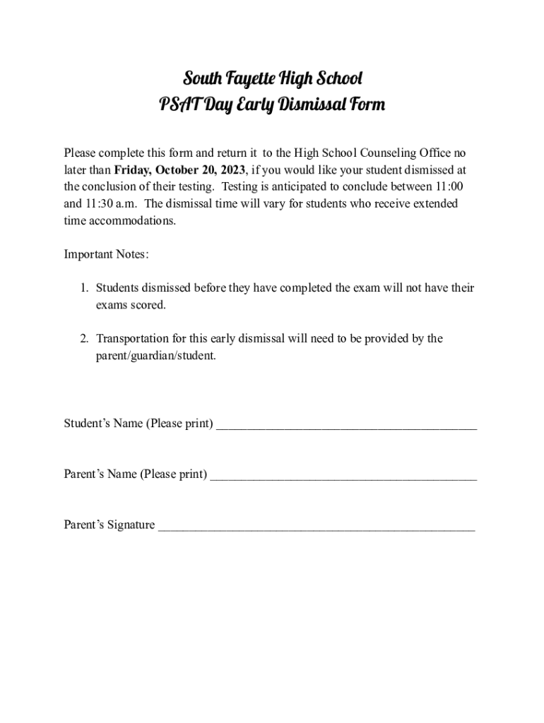 Fillable Online PSAT Early Dismissal Form Fax Email Print - pdfFiller
