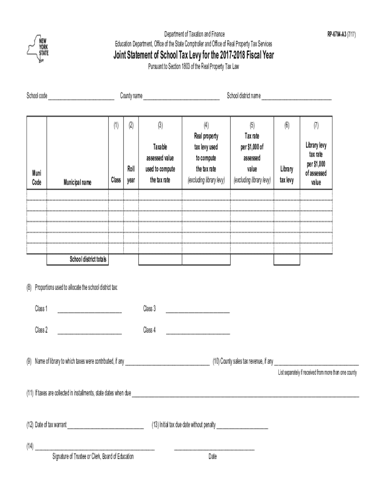 Fillable Online Form RP-6704-A3 Joint Statement of School Tax Levy for ...