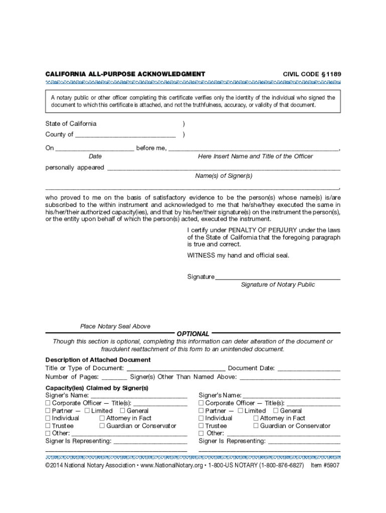 Fillable Online Certificate of acknowledgment, Cal. Civ. Code1189 Fax ...