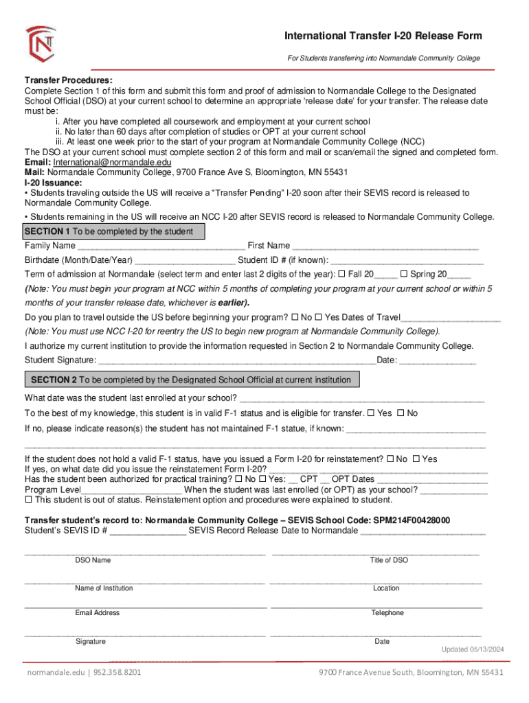 Fillable Online International Transfer I-20 Release Form Fax Email ...