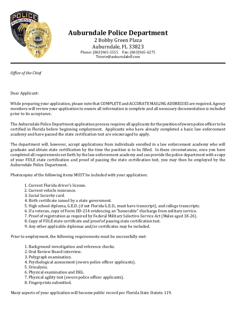 Fillable Online Auburndale Police Department, 2 Bobby Green Pl ... Fax ...