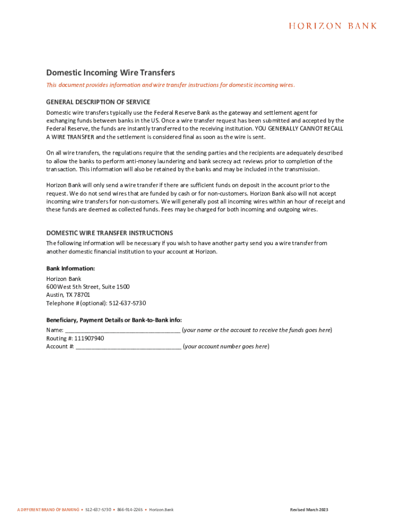 Fillable Online Domestic Incoming Wire Transfers - Horizon Bank Fax ...