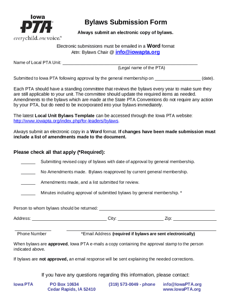 Iowa PTA Local Unit Bylaws Template Doc Template | pdfFiller