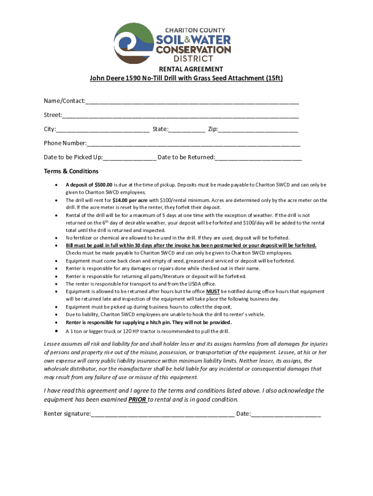 Fillable Online RENTAL AGREEMENT John Deere 1590 No-Till Drill with ... Fax Email Print - pdfFiller
