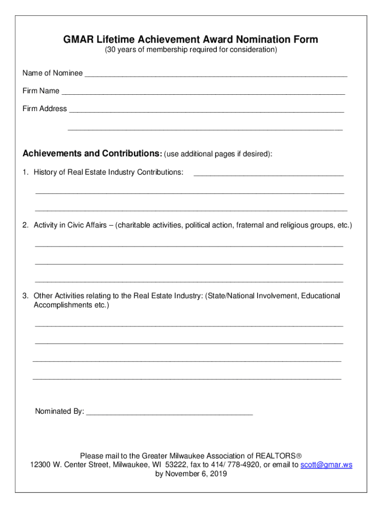 Fillable Online Lifetime Achievement Award Nomination and Criteria Form ... Fax Email Print ...