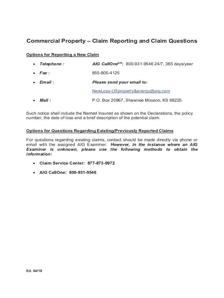 Fillable Online Report a AIG Property - Commercial Claim Fax Email ...