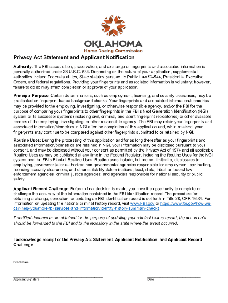 Fillable Online FBI Fingerprint Privacy Statement and ... Fax Email Print - pdfFiller