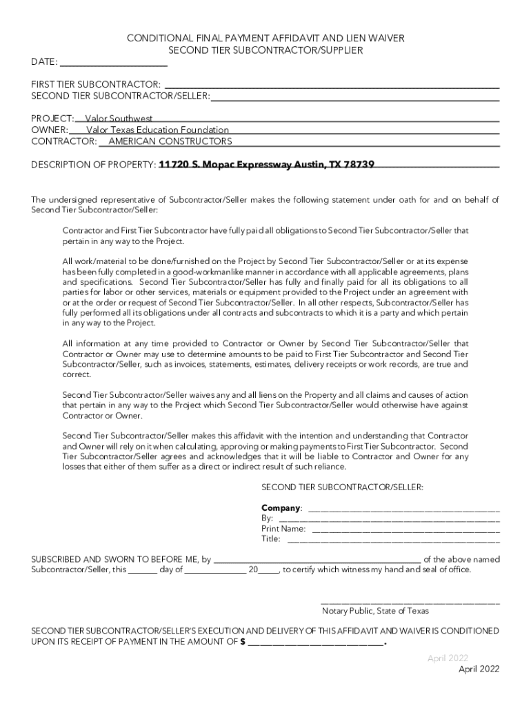 Fillable Online 2nd Tier Final Conditional Lien Release Fax Email Print ...