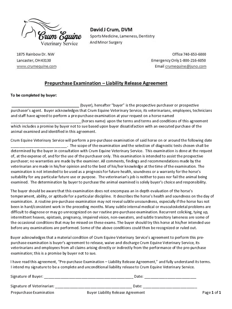 Fillable Online Pre-Purchase Examination - Liability Release Agreement ...