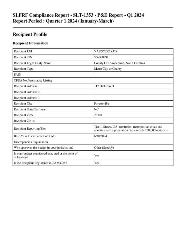 Fillable Online SLFRF Compliance Report - SLT-1353 - P&E Report - Q1 ...