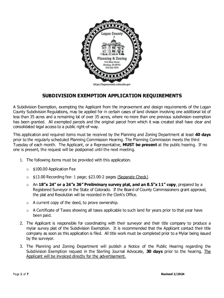 Fillable Online FORM 7. APPLICATION FOR SUBDIVISION EXEMPTION ... Fax ...