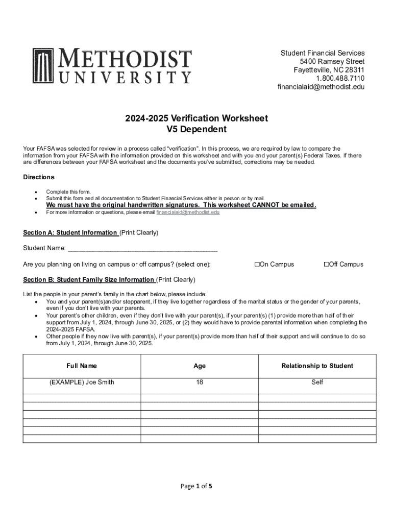 Fillable Online 2024-2025 Verification Worksheet V5 Dependent Fax Email Print - pdfFiller
