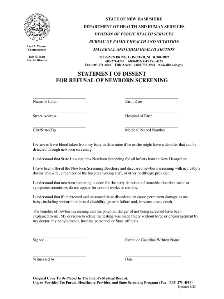Fillable Online Statement of Dissent for Refusal of Newborn Screening ...