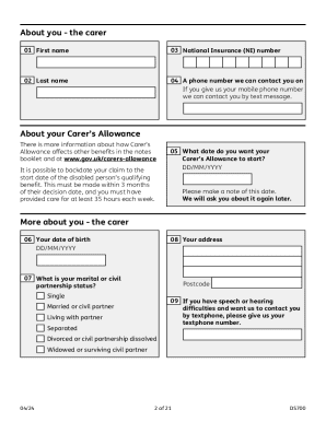 Fillable Online Carer's Allowance. Claim form Fax Email Print - pdfFiller