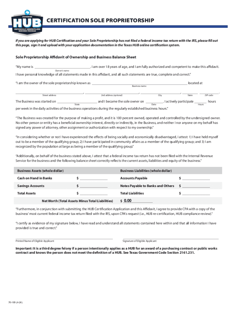 Fillable Online Form 76-169, Sole Proprietorship Affidavit of Ownership ...