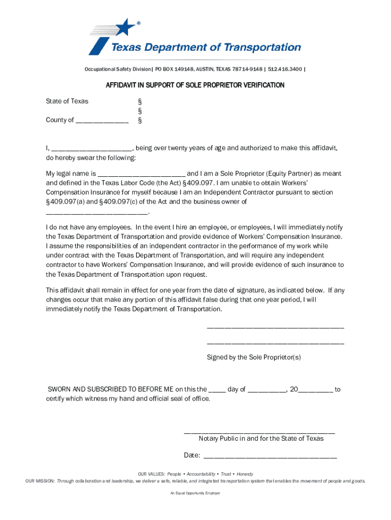 Fillable Online ftp txdot affidavit in support of sole proprietor verification Fax Email Print ...