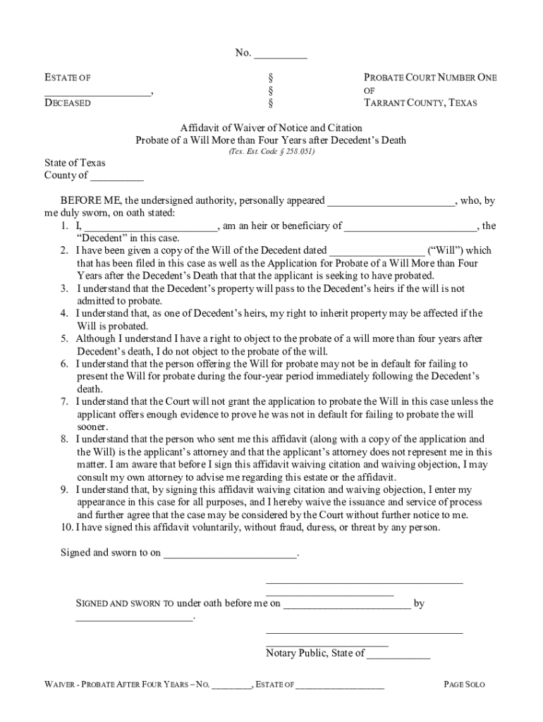 Fillable Online Affidavit of Waiver of Notice and Citation Probate of a ...
