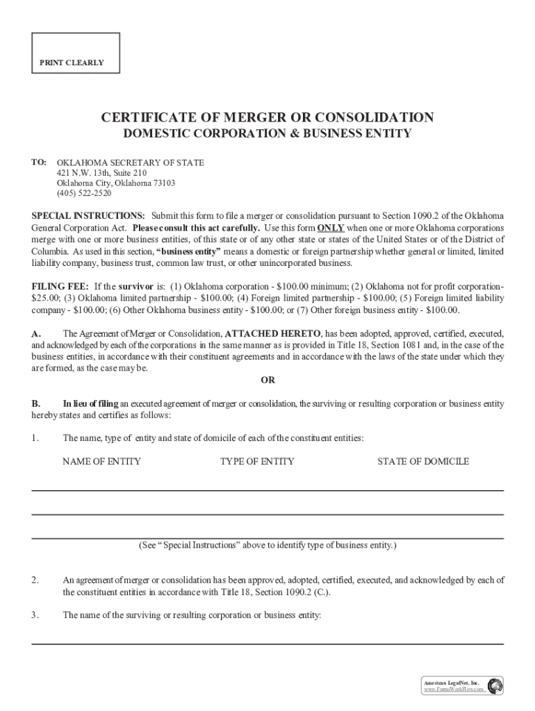 Fillable Online Oklahoma Certificate of Merger Fax Email Print - pdfFiller