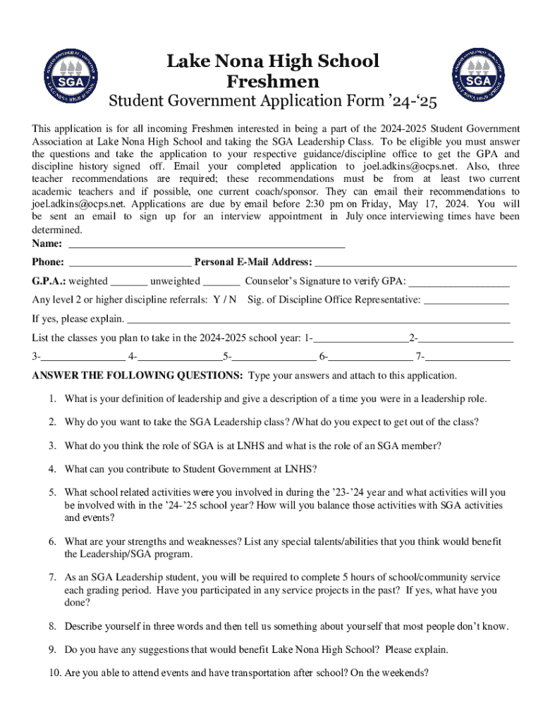 Fillable Online SGA - Lake Nona Hs - Orange County Public Schools Fax ...