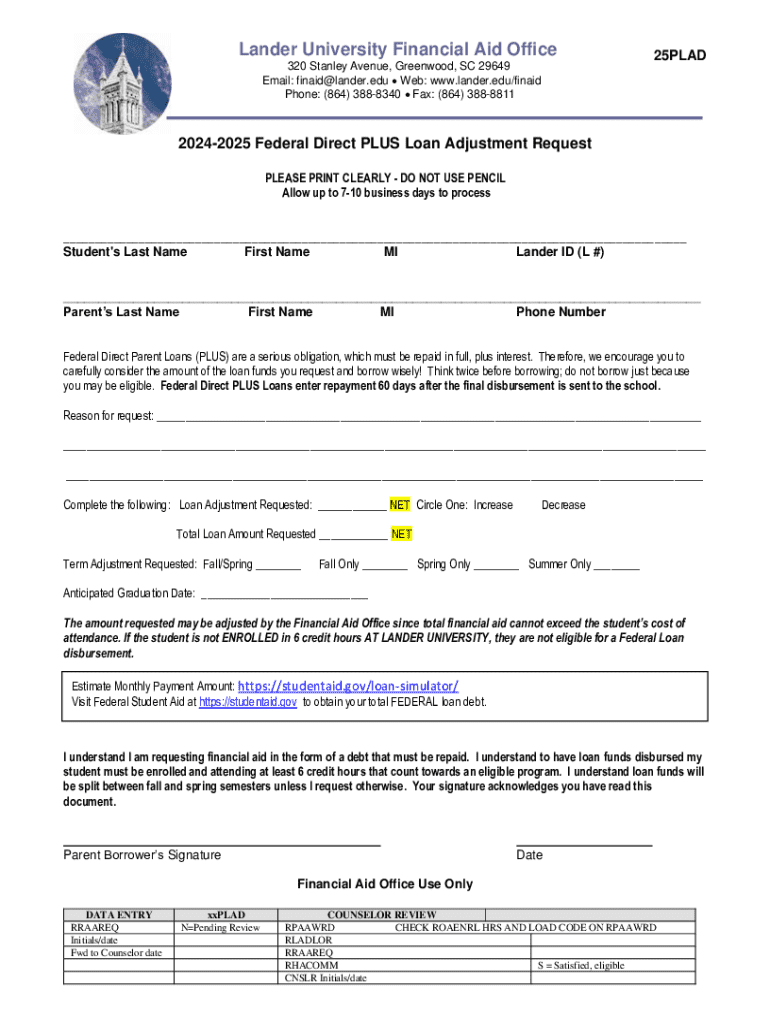 Fillable Online 2024-2025 Federal Direct PLUS Loan Adjustment Request ...