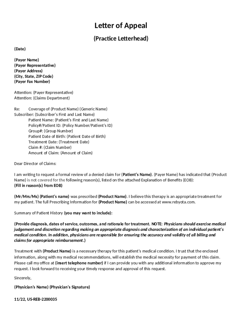 Letter of Appeal (Practice Letterhead) Doc Template | pdfFiller