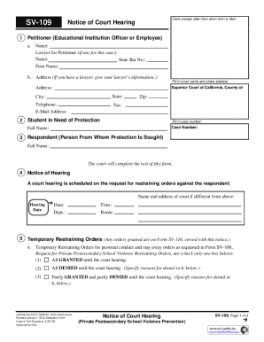 Fillable Online SV-109 Notice of Court Hearing. Judicial Council forms ...